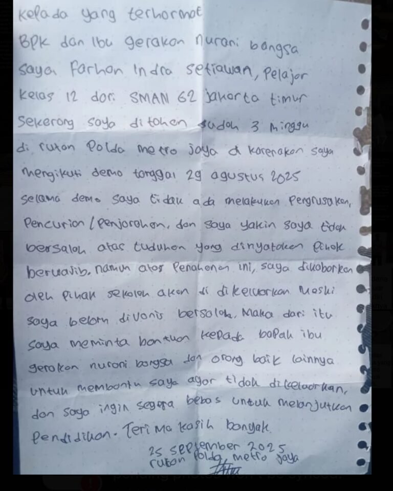 MIRIS...!!! Surat Farhan Indra Setiawan, Pelajar Kelas 12 SMAN 62 Jakarta Yang Sudah 3 Minggu ...